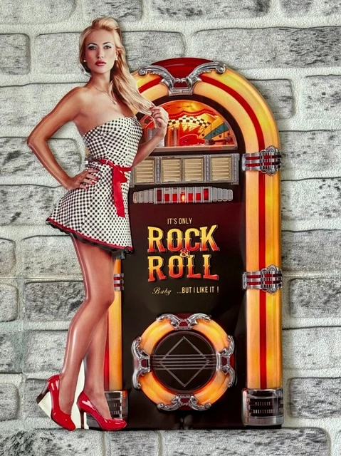 BLECHSCHILD ROCK N Roll Girl Musikbox Jukebox Pin-Up Girl 60x37cm EUR ...