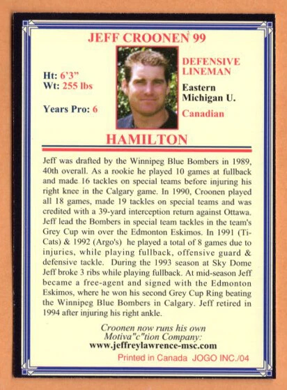 JEFF CROONEN 2004 Jogo CFL carte spéciale bordure noire Hamilton Tiger ...