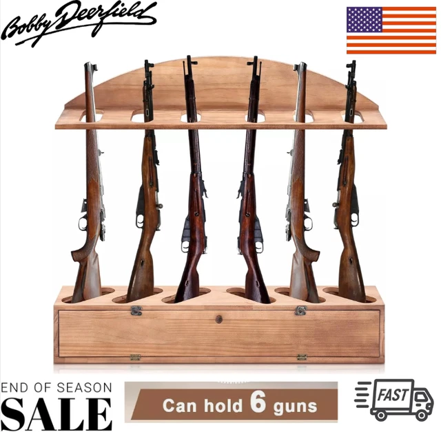 WOOD GUN RACK Wall Mount Gun Display Rack Storage Compartment Holds 6 ...