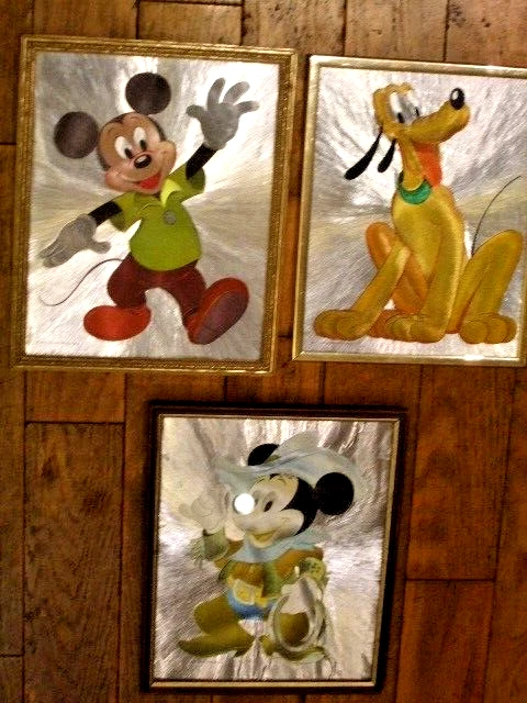 VINTAGE DISNEY ~ 3 Foil Pictures ~ Pluto ~ Mickey Mouse ~ Cowboy Mickey ...