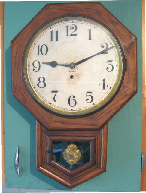 C1905 ANTIQUE WATERBURY 8-DAY Oak Octagon Drop REGULATOR SCHOOL WALL ...