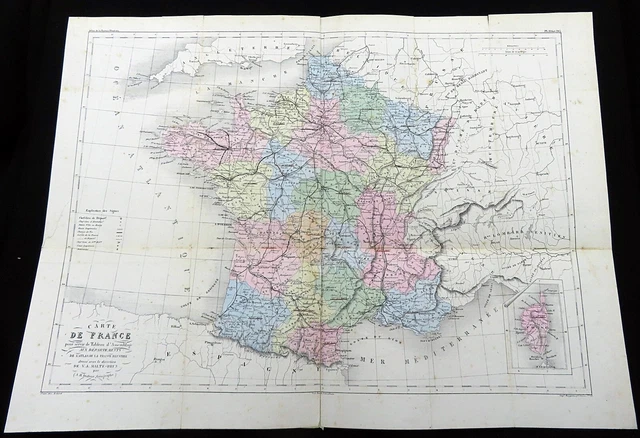 LARGE ANTIQUE MAP of France Regions Departments Hand Coloured Engraving ...
