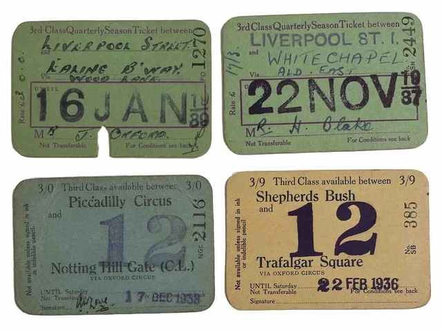 LONDON PASSENGER TRANSPORT Board 1930s Season Railway Ticket Lot X4 E34 ...