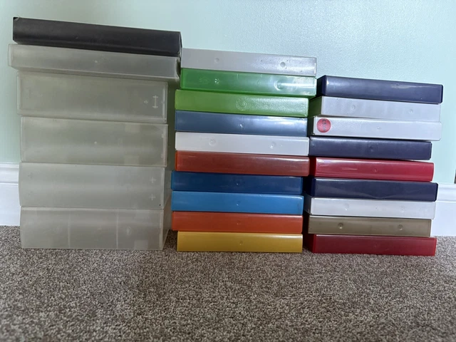 25 MIXED COLOUR EMPTY VHS VIDEO TAPE STORAGE CASES Incl Double & Ex ...