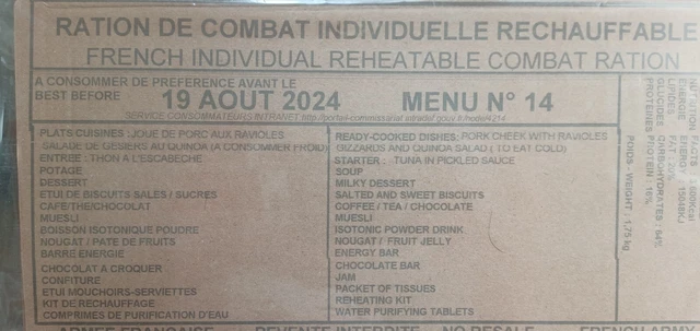 RATIONS COMBAT RICR Armee Francaise Menu *14* Bivouac Camping Militaire ...