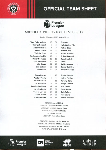 A6 SHEFFIELD UNITED v Manchester City 27/08/23 Team Sheet Premier ...
