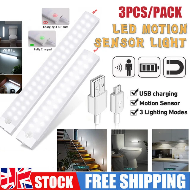 USB RECHARGEABLE LED PIR Motion Sensor Light Strip Wireless Cabinet ...