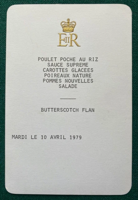 ANTIQUE GOLD EMBOSSED Royal Menu in French for Queen Elizabeth II April ...