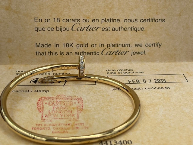 AUTH CARTIER JUSTE Un Clou Bracelet in 18k Yellow Gold 0.58 CTW size ...