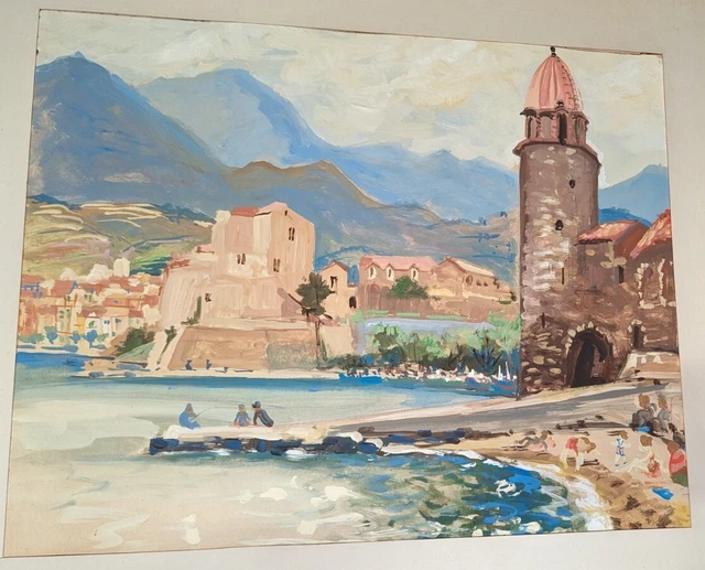 TABLEAU GOUACHE ORIGINALE Jean Riquer (1912-1993) Collioure Le port ...