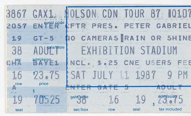PETER GABRIEL VINTAGE Concert Ticket Stub Exhibition Stadium (Toronto ...