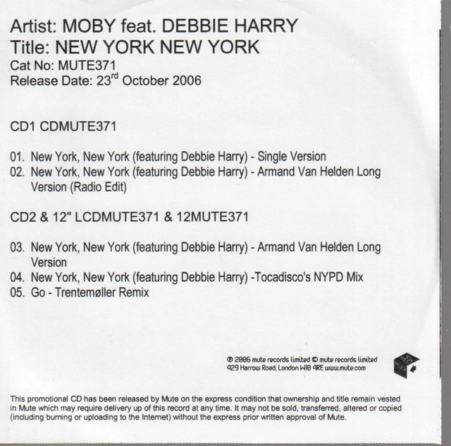 MOBY FEATURING DEBBIE Harry New York New York CDr UK Mute 2006 official ...