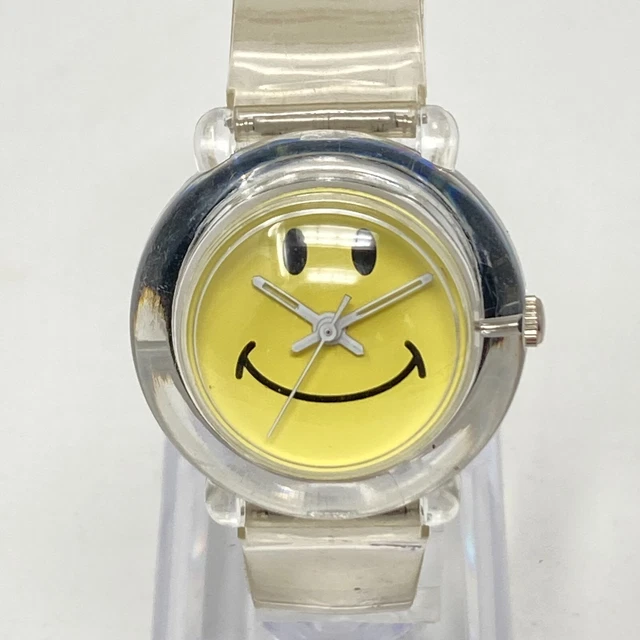 SMILEY FACE WATCH Women 30mm Clear Yellow Dial Emoji New Battery 8" $18 ...