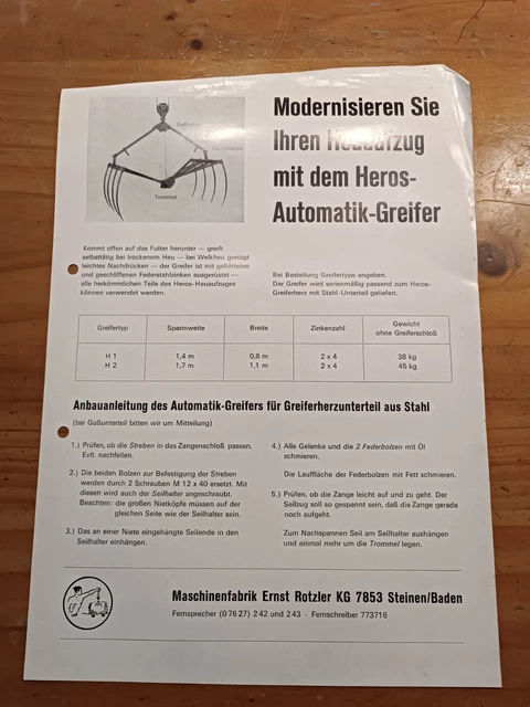 PROSPEKT HEROS AUTOMATIK Greifer Traktor Schlepper Zeitschrift Brochüre ...