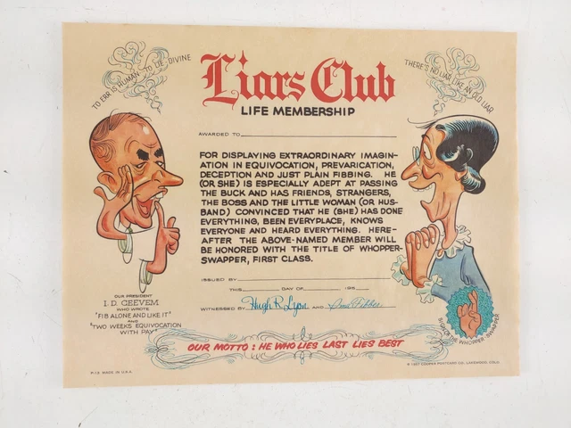 VINTAGE 1950S LIARS Club Gag Novelty Certificate Comic Mid-Century New ...