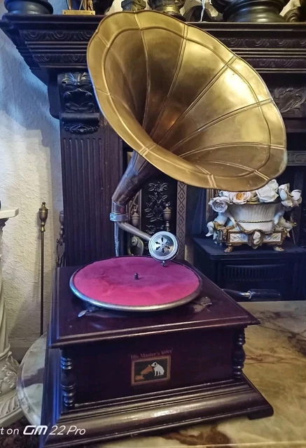 REPLICA HMV GRAMOPHONE Player 78 rpm Round phonograph Brass Horn Vintage Wind up £68.00 ...