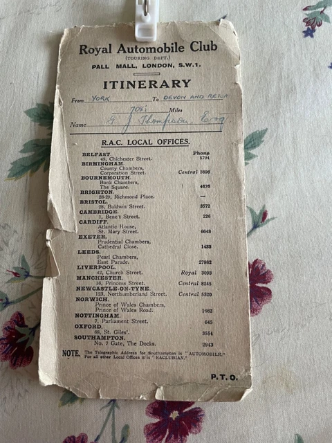 VINTAGE ROYAL AUTOMOBILE Club RAC Itinerary route map Huddersfield to ...