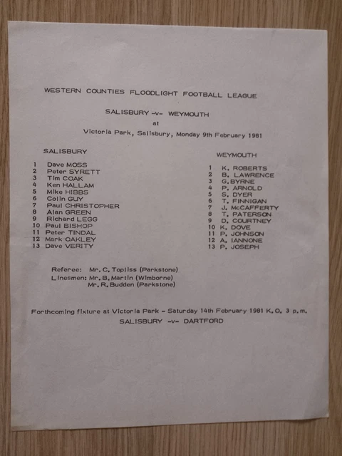 SALISBURY V WEYMOUTH, Western Counties Floodlight Cup, 1980/1 (TEAM ...