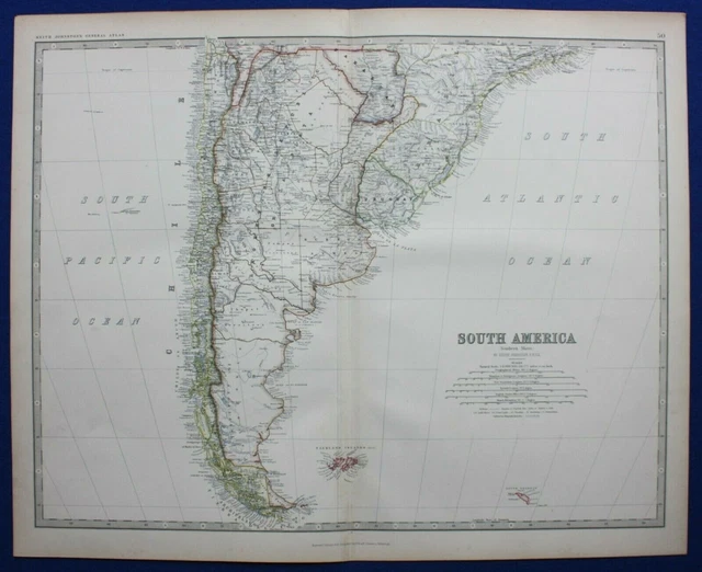 LARGE ANTIQUE MAP SOUTH AMERICA, CHILE, ARGENTINA, PATAGONIA, Johnston ...