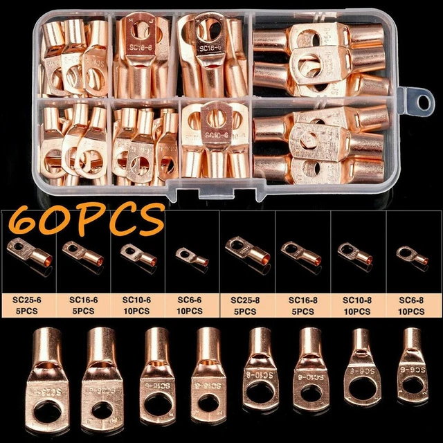 TUBE BORNES ANNEAU Terminal Avec Boite Kit Lug Soudure 60pcs Batterie ...