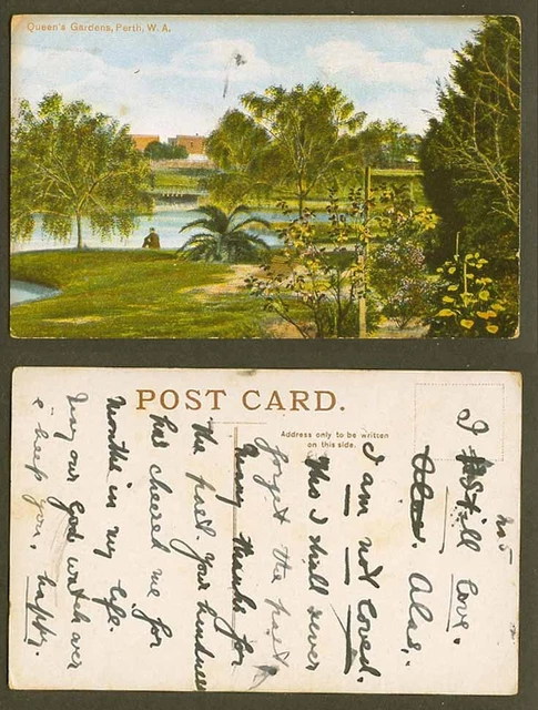 WESTERN AUSTRALIA OLD Postcard Queen's Gardens Perth W.A. Garden Man ...