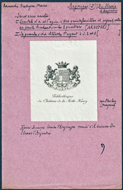 WAPPEN EXLIBRIS ARGOUGES Chateau de la Motte Henry blason armorial bookplate EUR 18,99 - PicClick FR