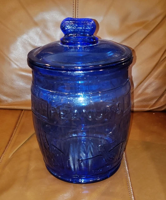 PLANTERS RUNNING MR Peanut Cobalt Blue Glass Barrel Jar Cookie Jar with ...