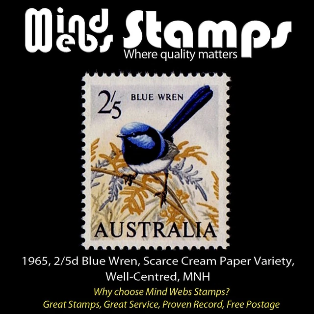 AUSTRALIAN PRE-DECIMAL STAMPS 1965 2/5d Blue Wren, Scarce Cream Paper ...