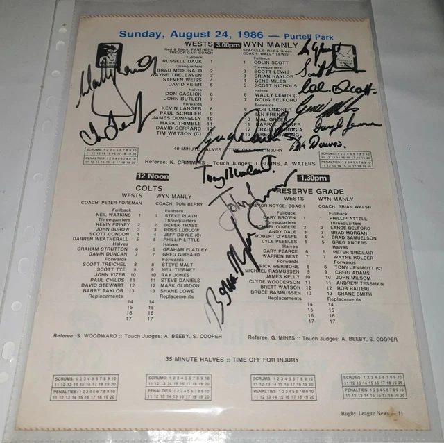 WYNNUM MANLY RUGBY League Autographed Team Sheet - Wally Lewis ...