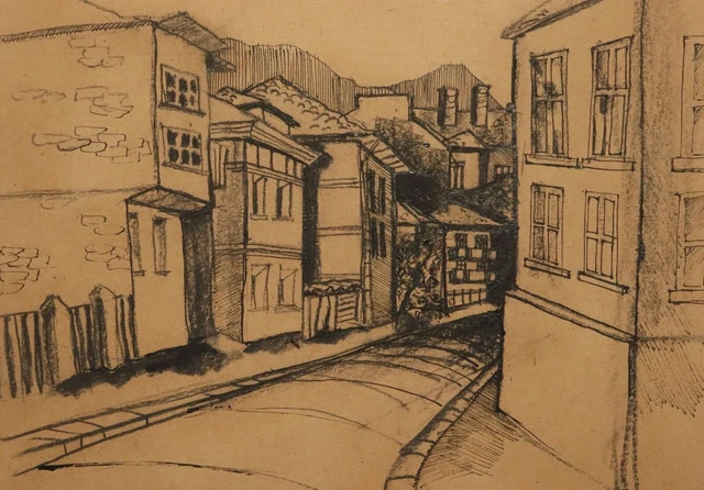 DESSIN AU PASTEL/ENCRE vintage paysage de vue sur la rue de la vieille ...