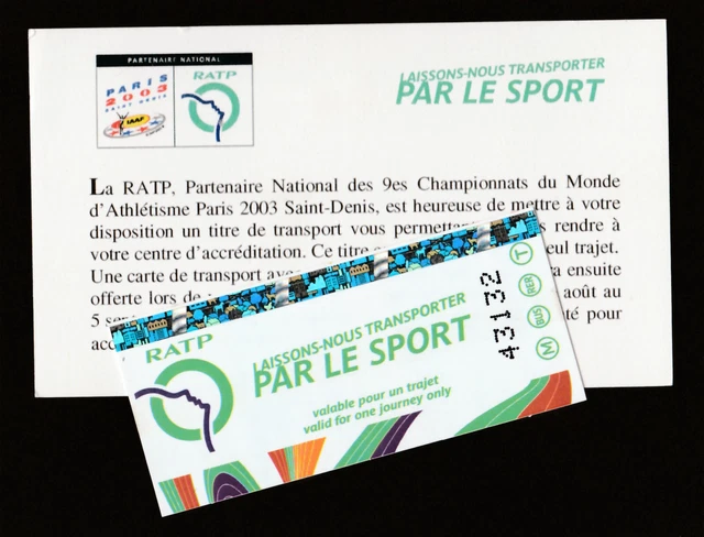 TICKET DE MÉTRO RATP 2003 Paris "Laissons-nous transportez par le Sport ...