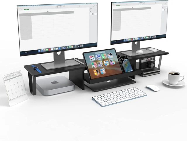 LARGE DUAL MONITOR Stand Riser with Drawer,Solid Wood Desk Shelf with ...