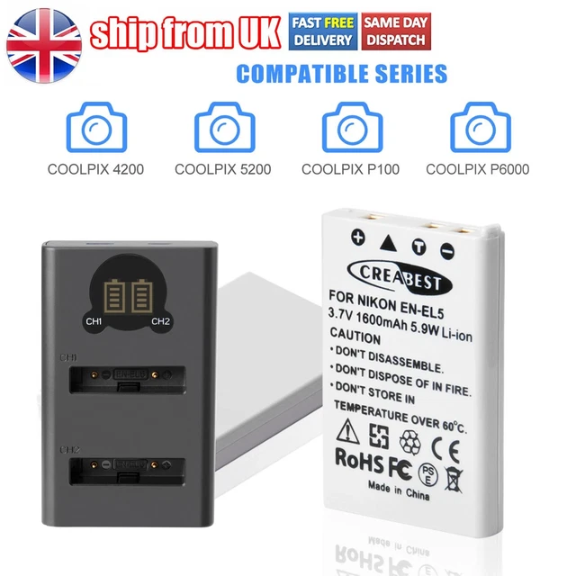 2XEN-EL5 ENEL5 BATTERY+DUAL Charger For Nikon Coolpix P520 P510 P100 ...
