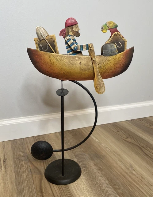 FOLK ART METAL Balance Pendulum Teeter Totter Toy w STAND Pirate Rowing ...