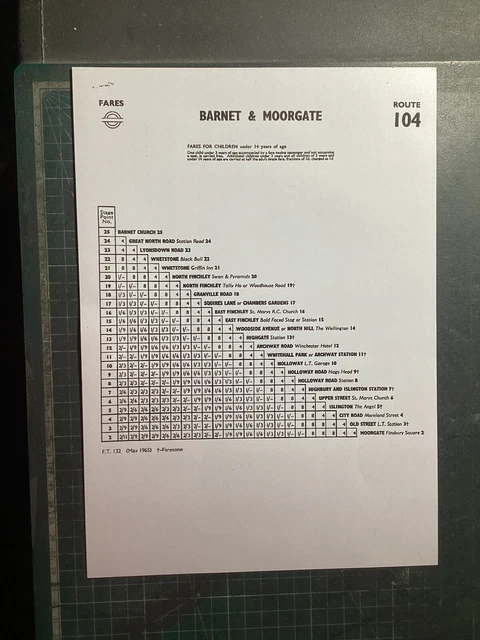 LONDON TRANSPORT AEC Routemaster Bus Conductor Fare Table Route 104 £0. ...
