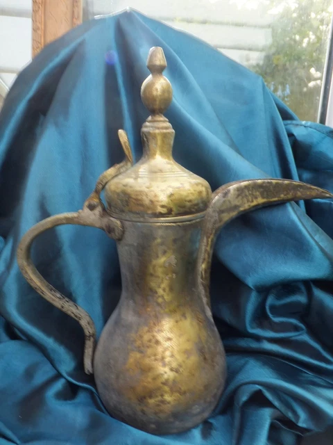 ANTIQUE ISLAMIC DALLAH Worn Silverplate on Brass Large Good Mark well ...