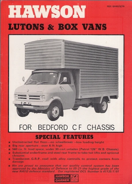 BEDFORD CF HAWSON Garner Luton & Box Van 1976-77 UK Market Single Sheet ...