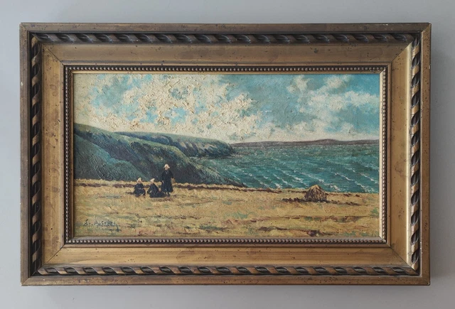 TABLEAU (XIX°-XX°) HUILE sur toile signée Bretagne paysage animé en bord de mer EUR 89,00 ...