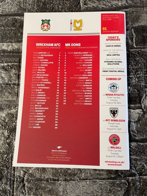 WREXHAM V MK Dons 2024 Programme 1st game back in League 2 Signed by Elliot Lee £10.00 - PicClick UK