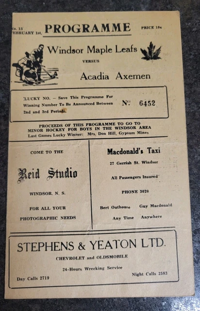 MID 1950S WINDSOR Maple Leafs Program Vs Acadia NS Valley Senior League ...