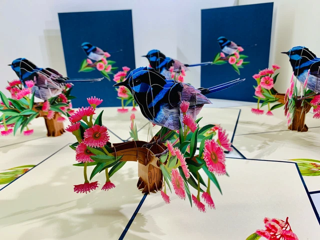ORIGAMI POP CARDS Fairy Blue Wren Bird 3D Pop Up Greeting Card Mother's ...