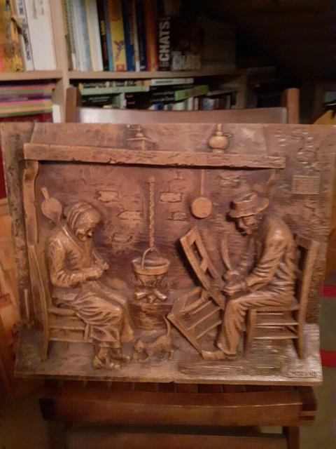 TABLEAU SCULPTÉ EN relief genre bois signé c a Morand scene rempallieur ...
