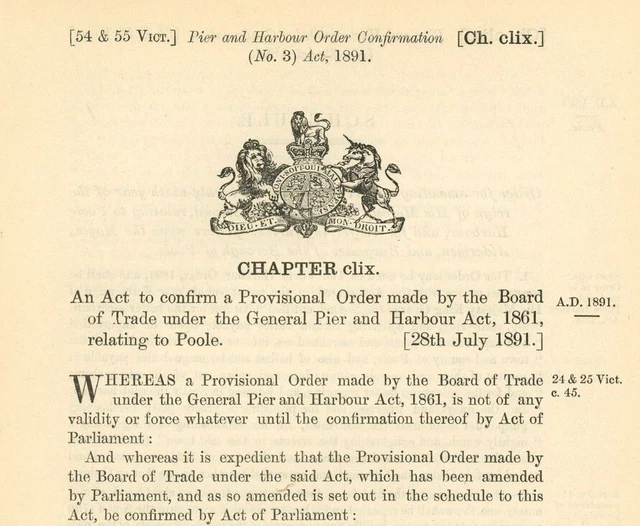 ANTIQUE ACT OF Parliament Pier & Harbour Poole Board of Trade 1891 ...