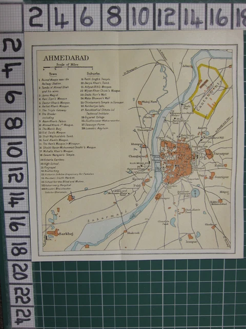 1926 INDIA INDIAN Tourist Map ~ Ahmedabad Temple Mosque Asylum Tomb ...