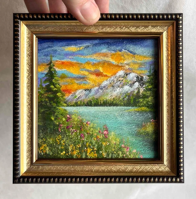 SUNSET ORIGINAL OIL Painting Landscape Mountain Lake and Trees Wall Art ...