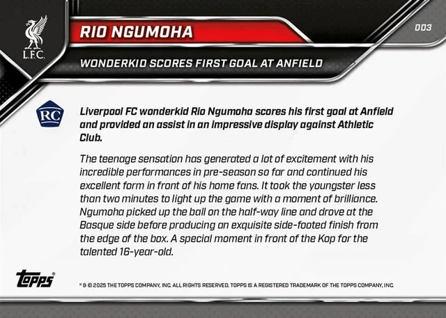TOPPS NOW LIVERPOOL 2025-26 - Card 003 - Rio Ngumoha - Liverpool £8.71 ...