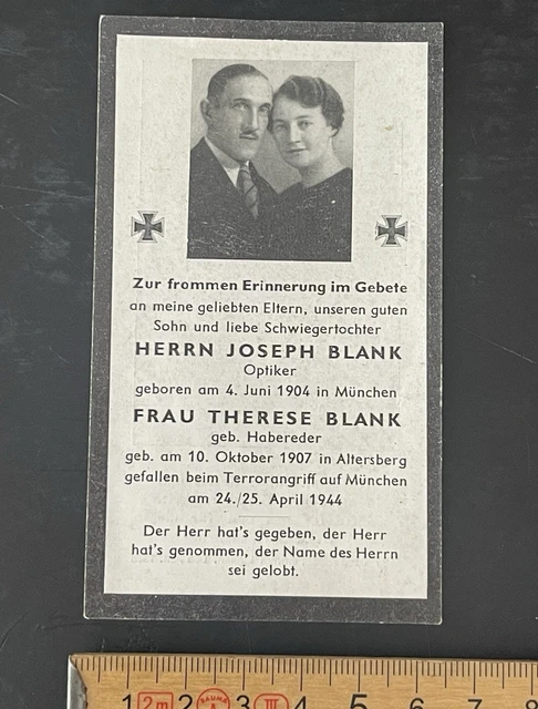 ORIGINAL WW2 GERMAN Death Card Fell Air Raid Munich 1944 Husband & Wife ...