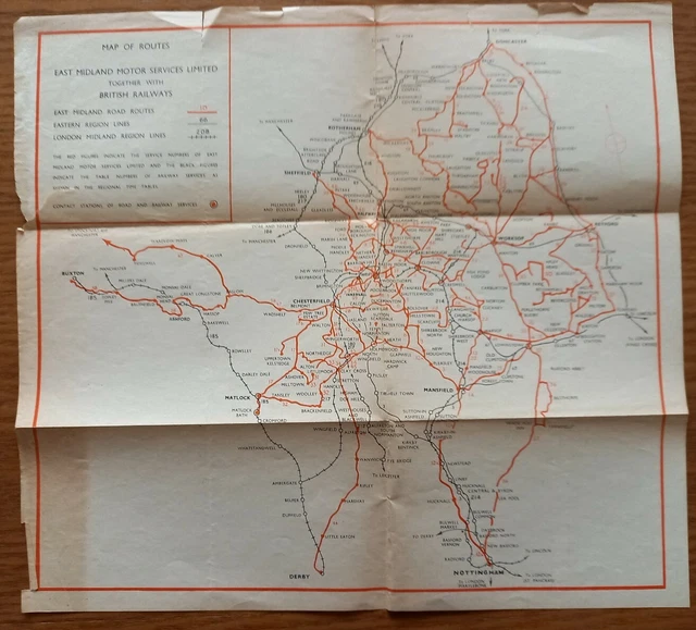 BRITISH RAILWAYS MAP Of Routes East Midland Motor Services Ltd date ...