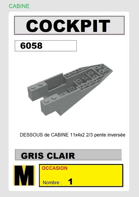 LEGO COCKPIT - 1 Base de cabine 11x4x2 2/3 pente inversée - 6058 - GRIS ...
