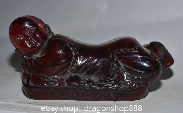 8.6& OLD CHINESE Red Amber Sculpture Feng Shui Kid Boy Tongzi Lucky ...